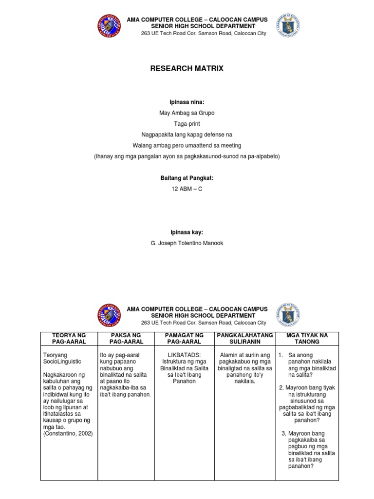 Research Matrix Filipino | PDF