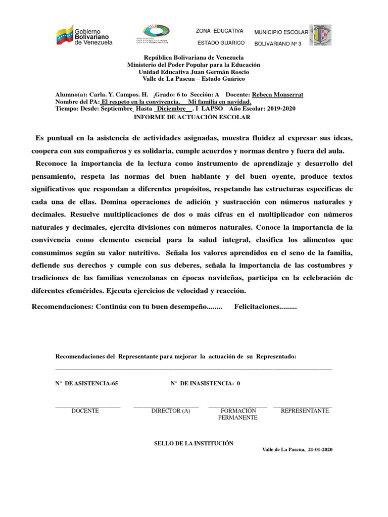Boletas Primer Lapso 6 A 2020 | PDF | Venezuela | Comprensión lectora