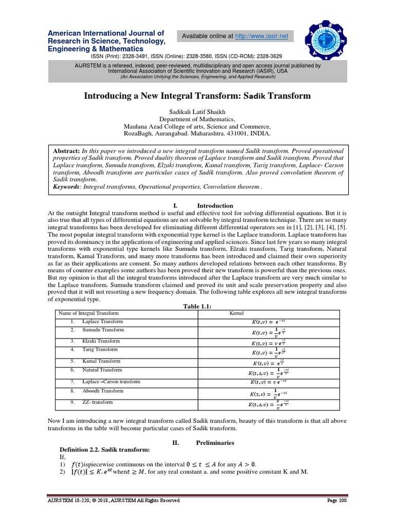 Sadik Transform Analysis Pdf Laplace Transform Convolution