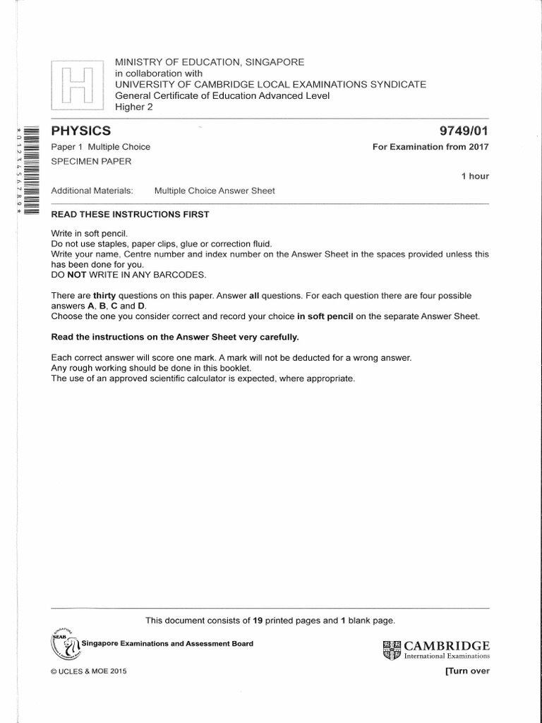 Physics H2 9749 Specimen P1 Markscheme | PDF