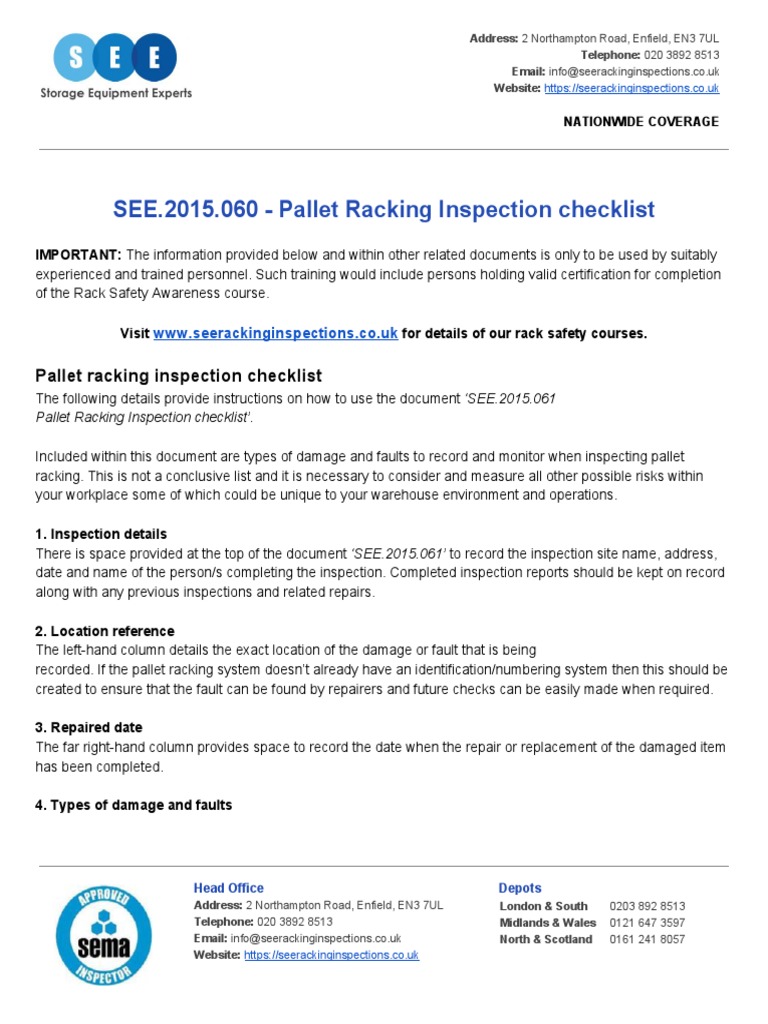 Pallet Racking Inspection Checklist Guide | PDF | Pallet | Warehouse