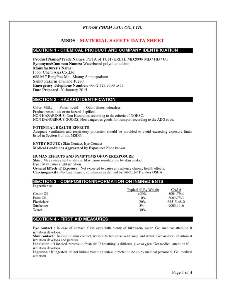 MSDS - Tuff Krete MDHDUT - Part A - R.1 | PDF | Hazardous Waste ...