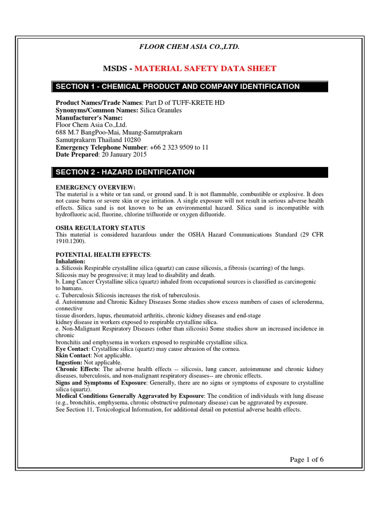 MSDS - Tuff-Krete HD - Part D | Download Free PDF | Silicon Dioxide ...