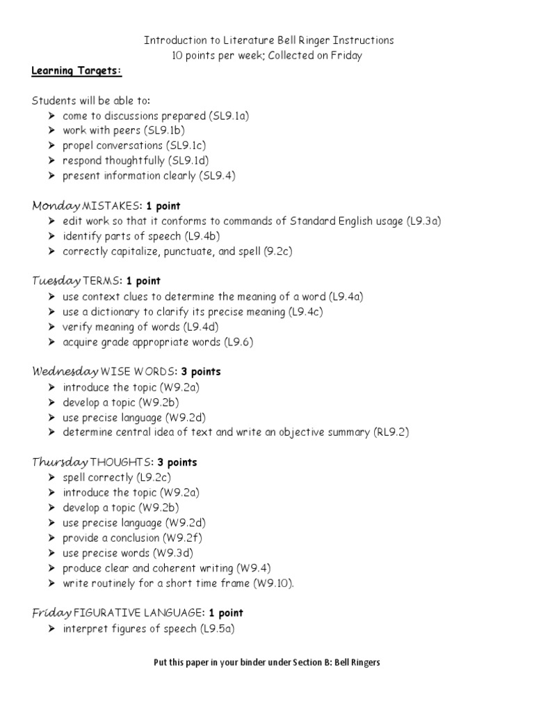 Weekly Bell Ringer Response Guide | PDF | Word | Cognition