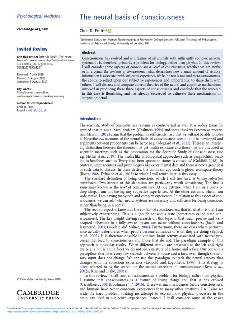 Neural Basis of Consciousness | PDF | Visual Cortex | Consciousness