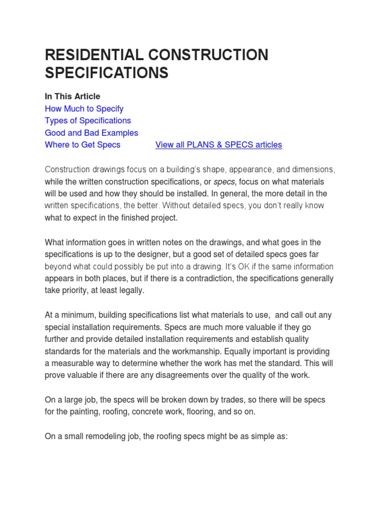 Residential Construction Specifications Drawings And Specifications