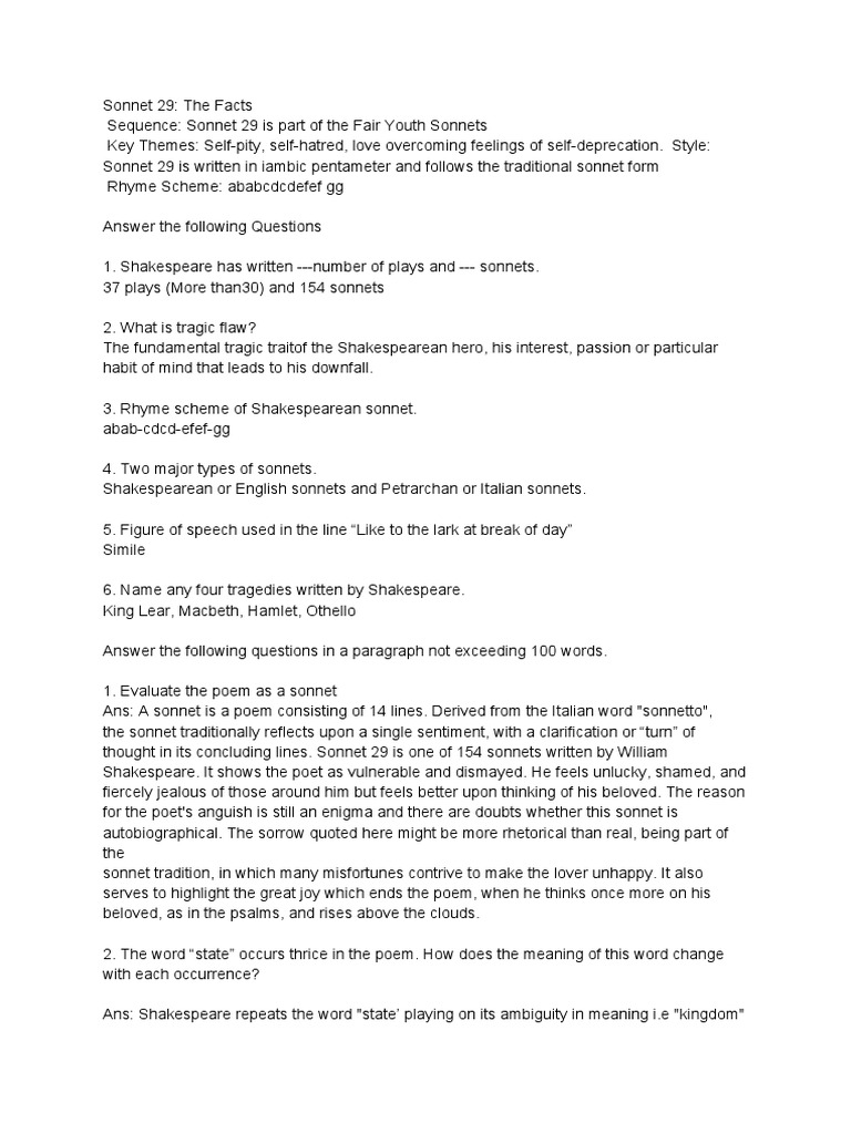 Shakespeare's Sonnet 29: Analysis of Theme, Structure and Context | PDF ...