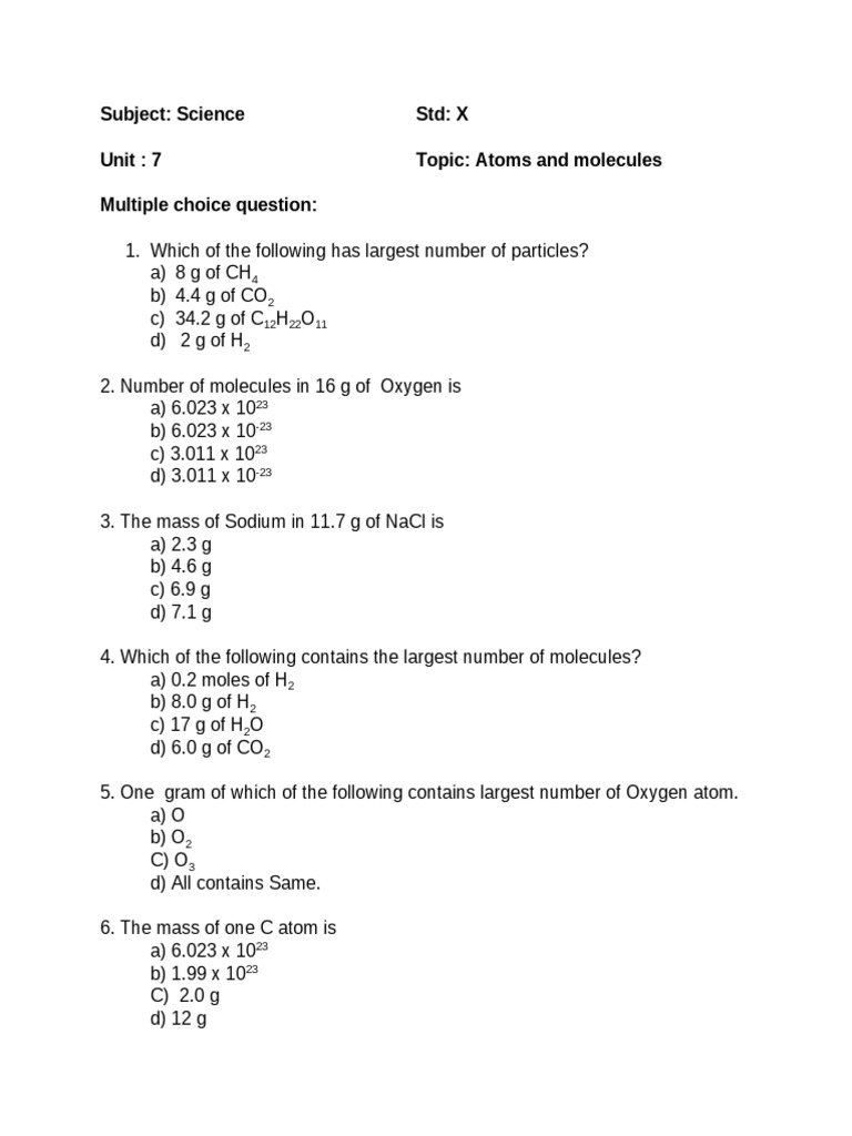 Atoms and molecules MCQs | PDF