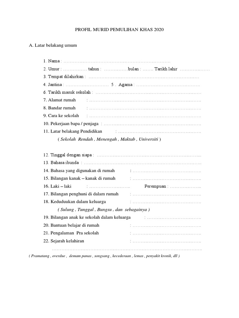 Profil Murid Pemulihan Khas 2020 | PDF