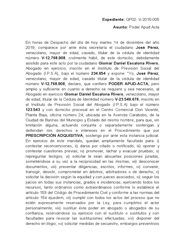 Poder Otorgado Apud Acta | PDF | Gobierno | Justicia