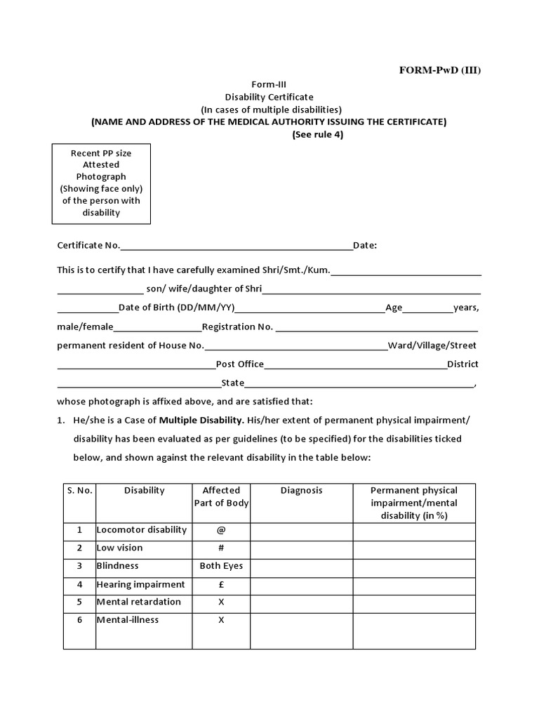 Form for Issuing a Disability Certificate for Individuals with Multiple ...