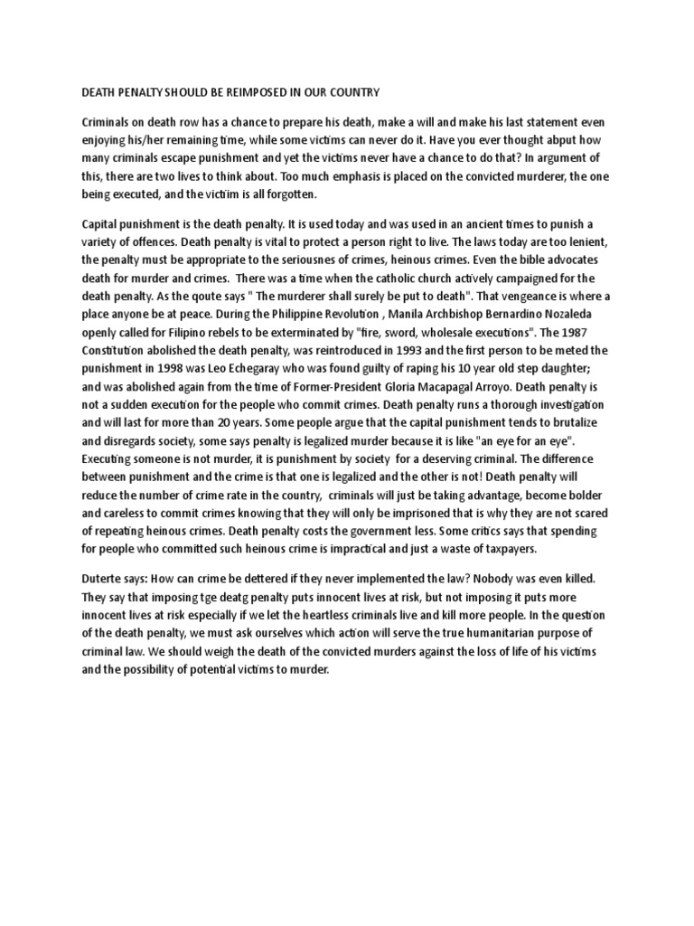 DEATH PENALTY Argumentative Essay | PDF | Capital Punishment | Murder