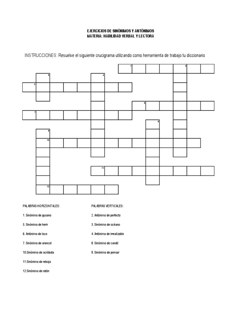 CRUCIGRAMA EJERCICIOS DE SINONIMOS Y ANTONIMOS