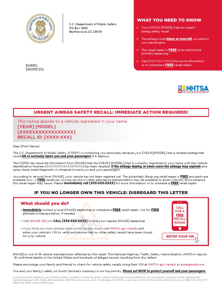 SC Sample Safety Recall Letter | National Highway Traffic Safety ...