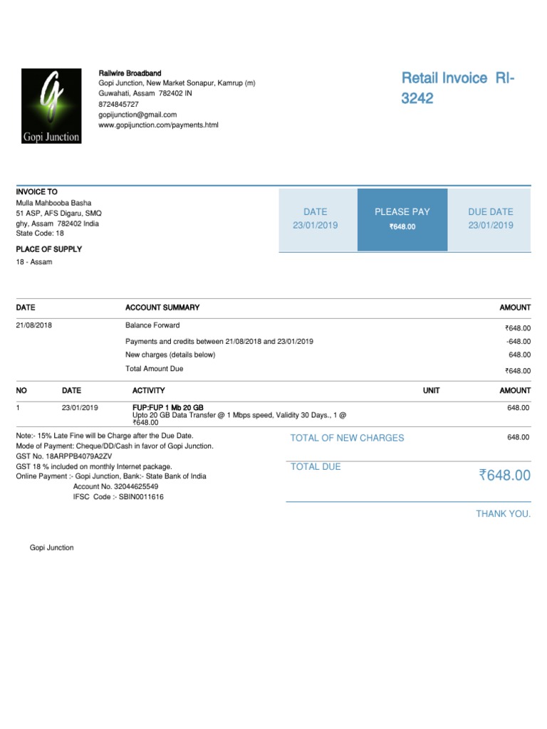 Invoice RI3242 From Railwire Broadband | PDF | Payments | Financial Technology