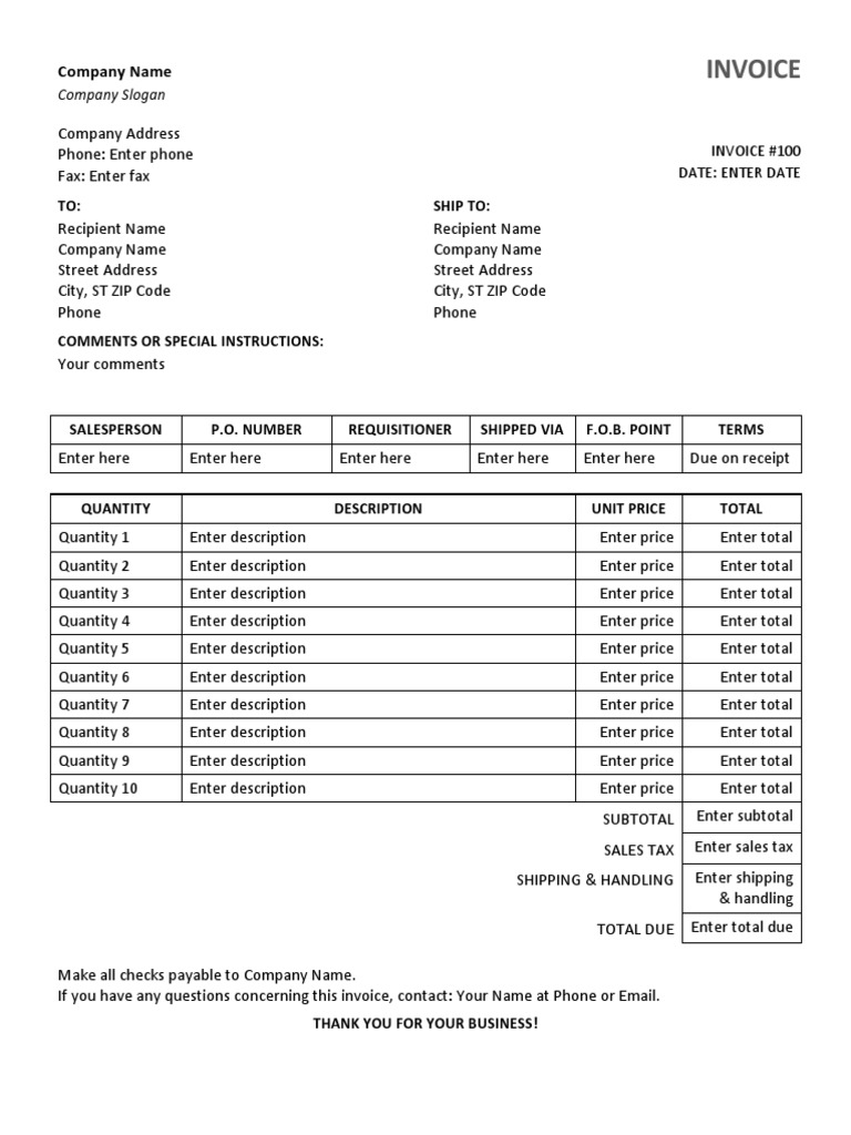 Invoice #100 for Goods and Services Provided to Recipient Name and ...