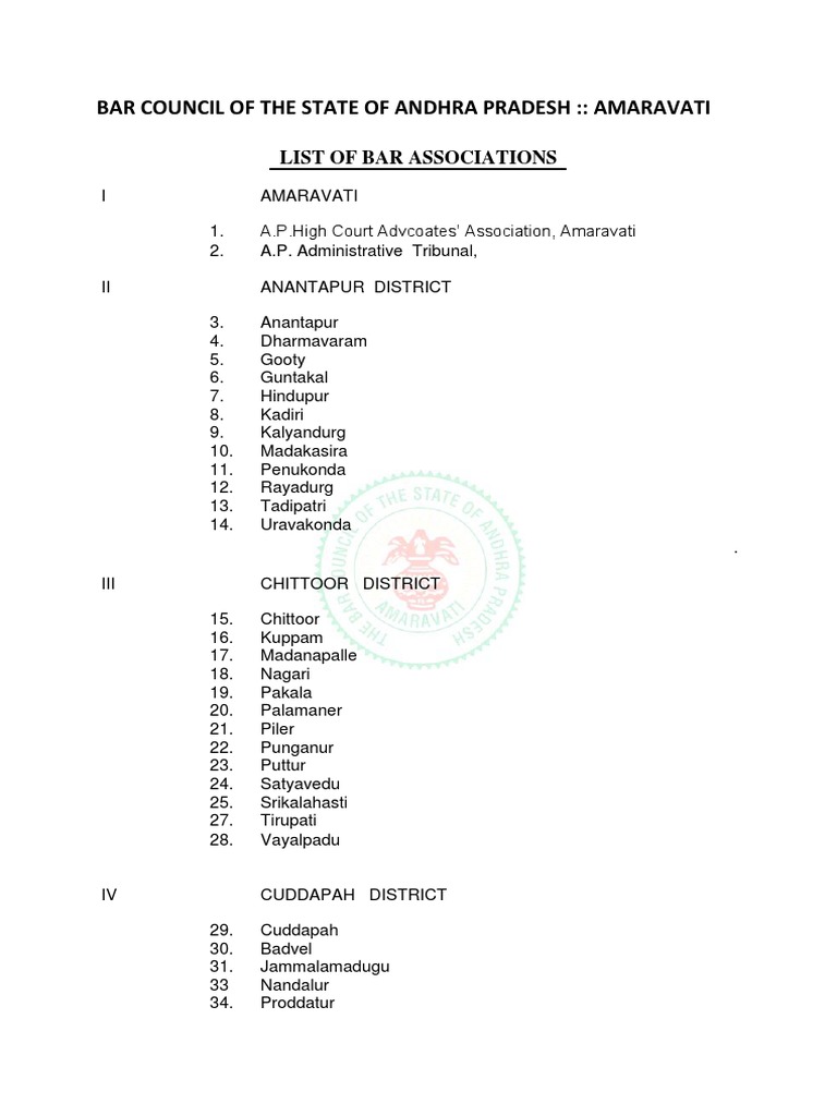 Andhra Pradesh Bar Associations List | PDF | South India