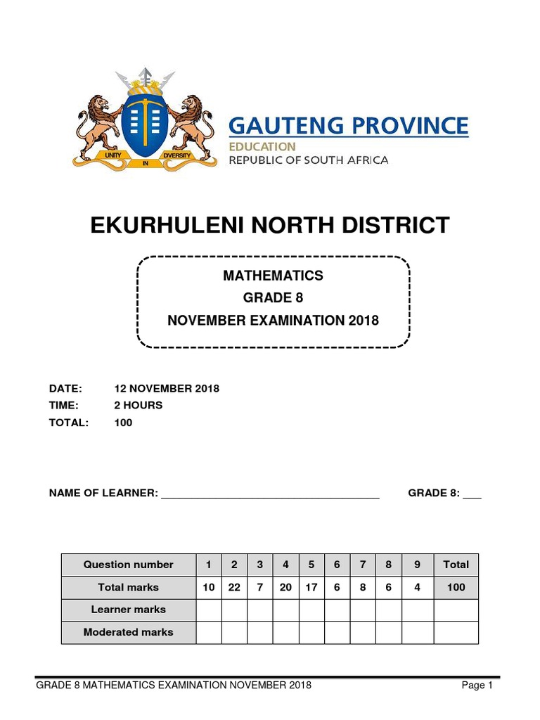 Mathematics QP Grade 8 November 2018 | PDF | Area | Geometry