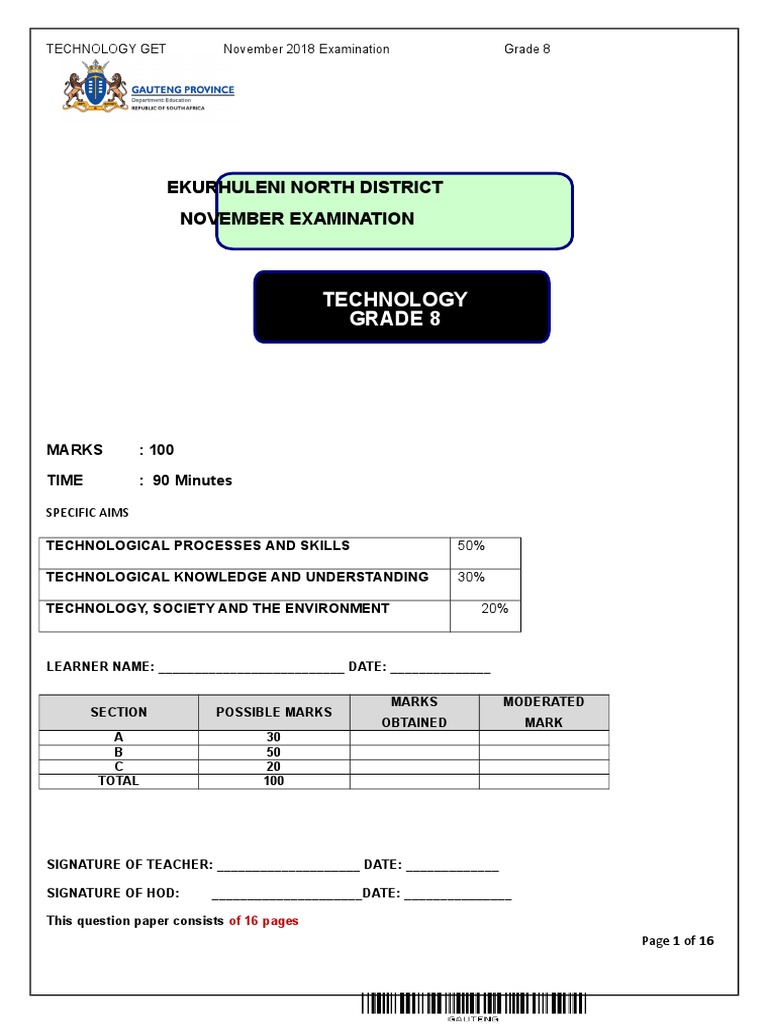 Grade 8 Technology Exam Paper November | PDF | Lever | Gear