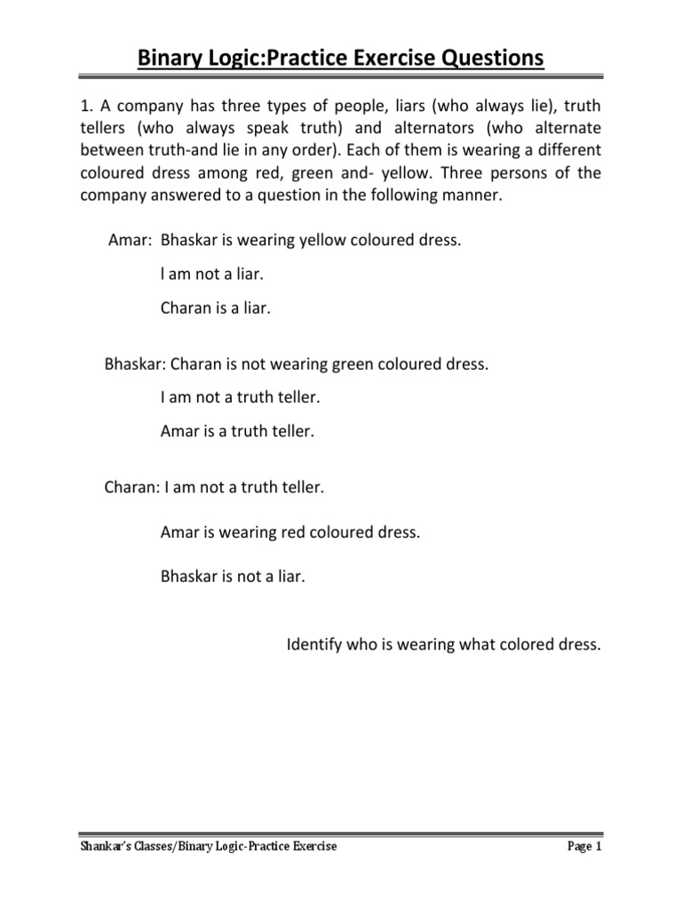 Binary Logic - Practice Exercise | PDF | Truth | Logic
