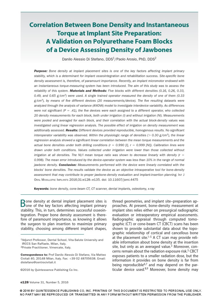 Correlation Between Bone Density and Instantaneous Torque at Implant Site Preparation A ...