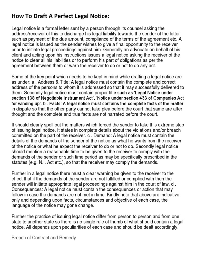 Drafting a Legal Notice for Breach | PDF | Breach Of Contract ...