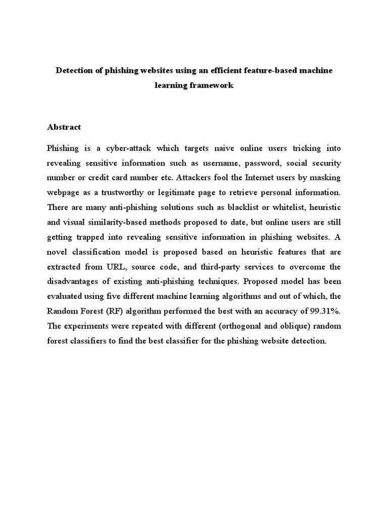 Detection Of Phishing Websites Using An Efficient Feature Pdf Phishing Machine Learning