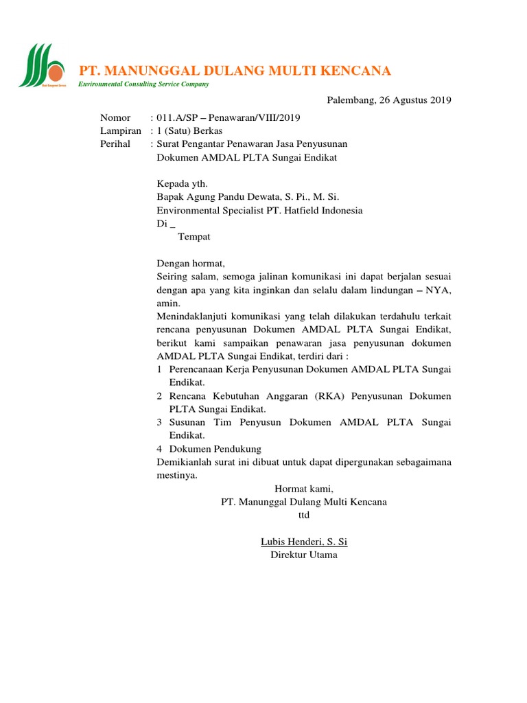 Surat Penawaran Jasa Penyusunan Dokumen AMDAL PLTA | PDF