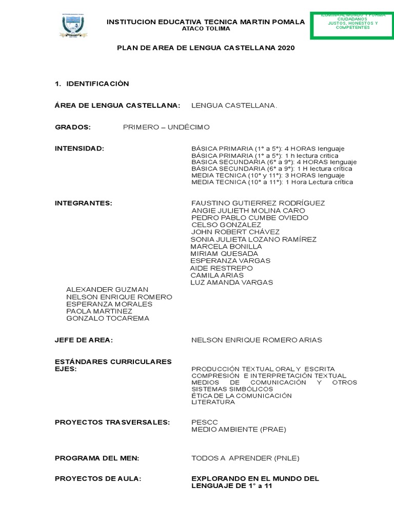 Plan De Area Lenguaje 2020 Pdf Conocimiento Educación Primaria