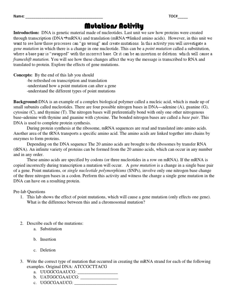 Mutations Activity - GenesyGenomas - Lab | PDF | Translation (Biology ...
