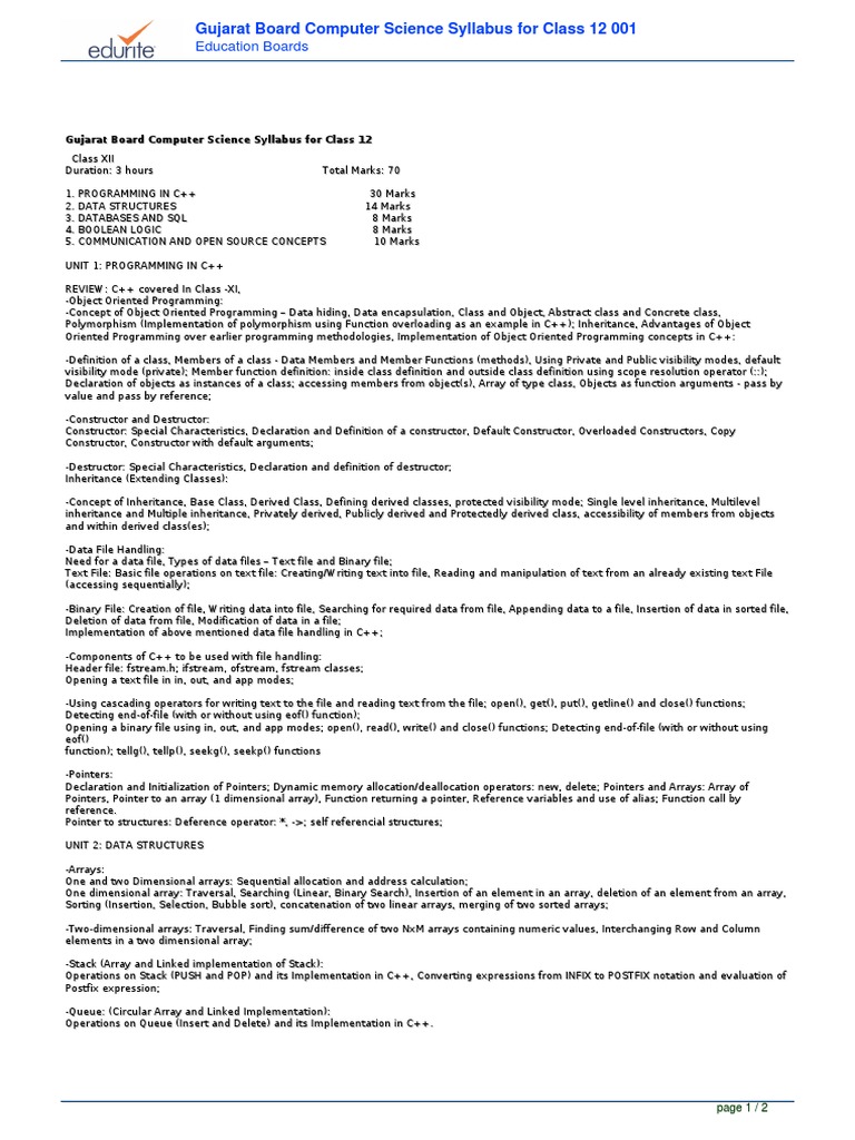 Gujarat Board Computer Science Class 12-Syllabus | PDF | Class ...