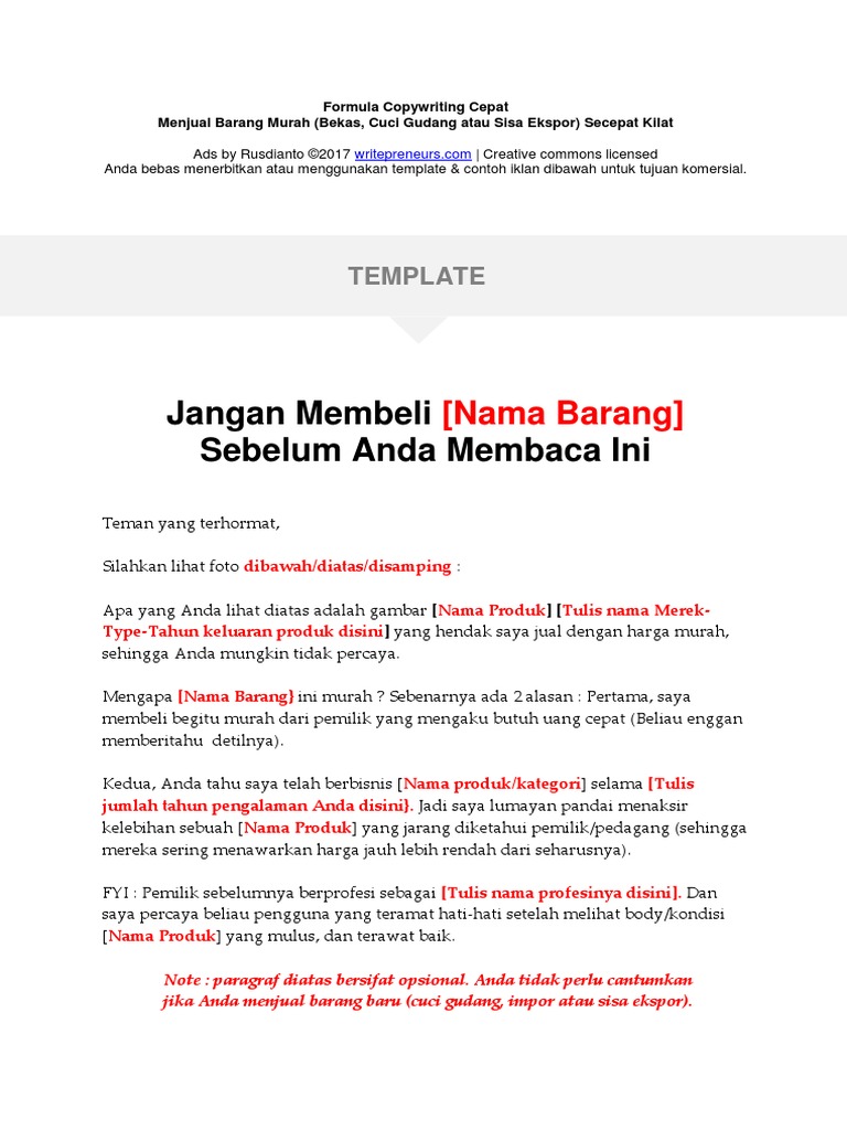 Template Contoh Iklan Jual Barang Murah Atau Bekas | PDF