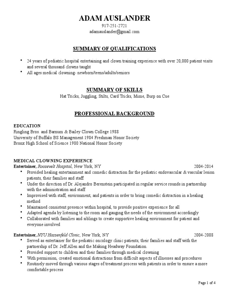 Adam Auslander Hospital Entertaining Resume | PDF | Clown | Hospital