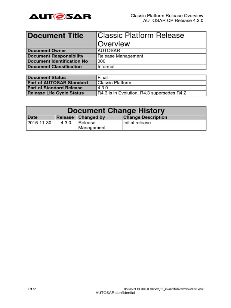 AUTOSAR TR ClassicPlatformReleaseOverview | PDF | Internet Protocol Suite | Specification ...