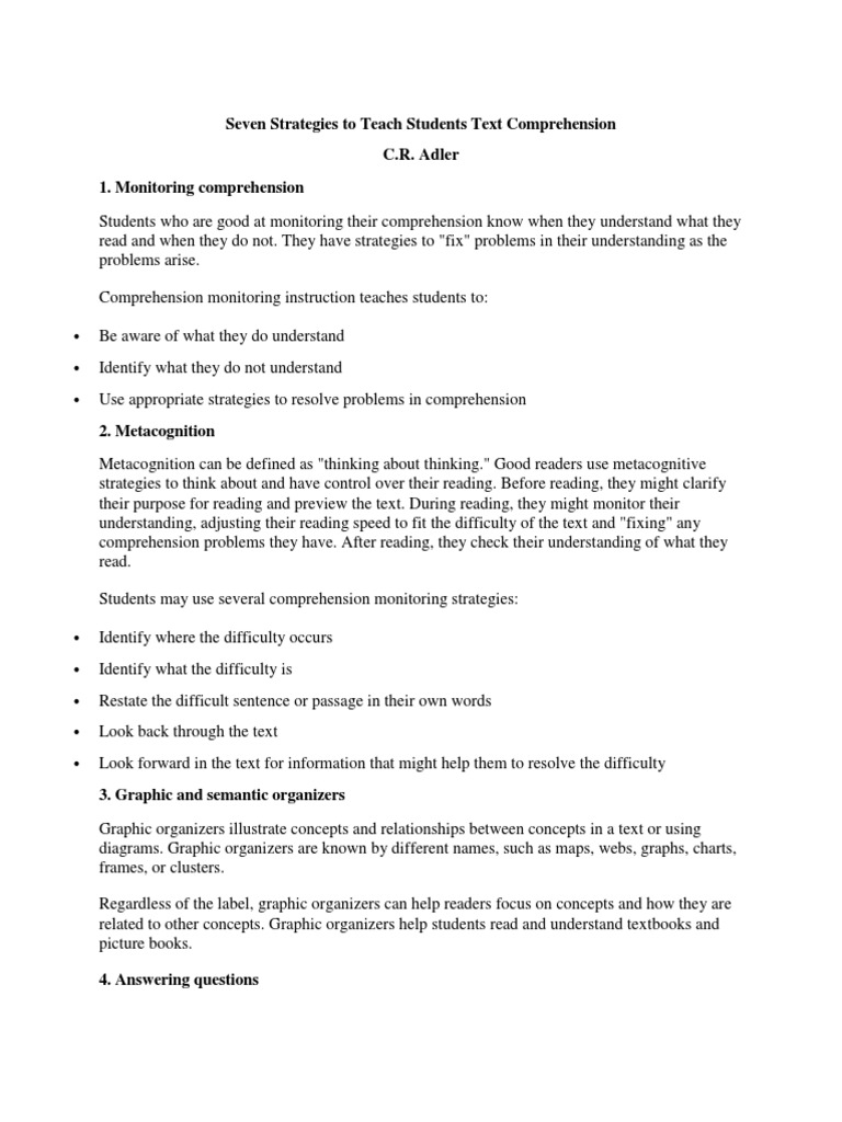 Seven Strategies for Reading Comprehension | PDF | Metacognition ...