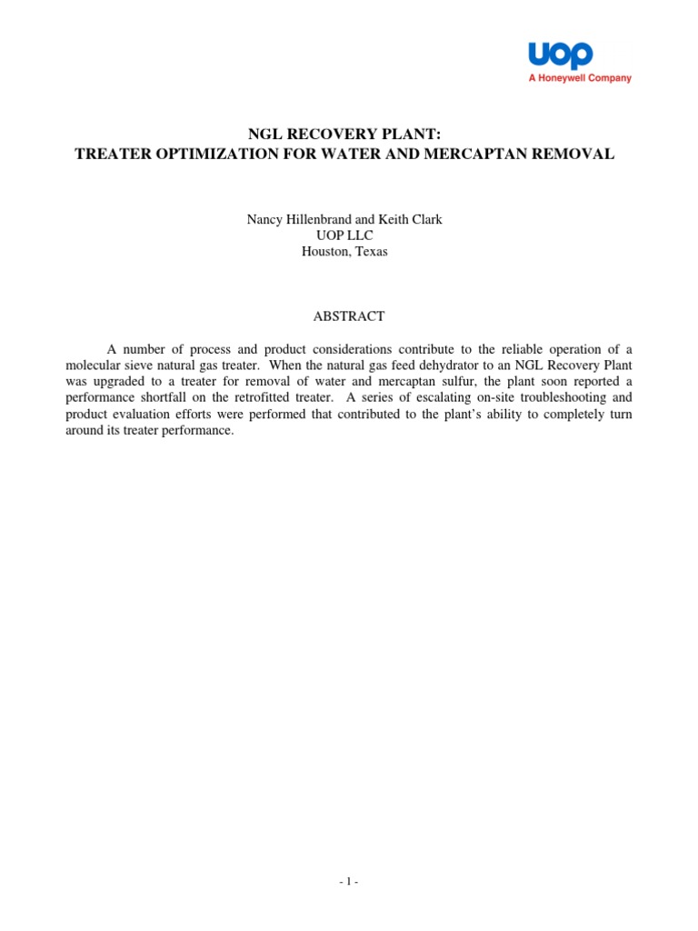 UOP NGL Recovery Treater Optimization For Water Mercaptan Removal Case ...