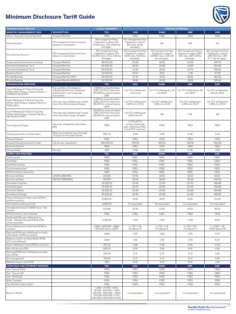 Stanbic Mini Diclosure Tarrif Guide | PDF | Cheque | Banking