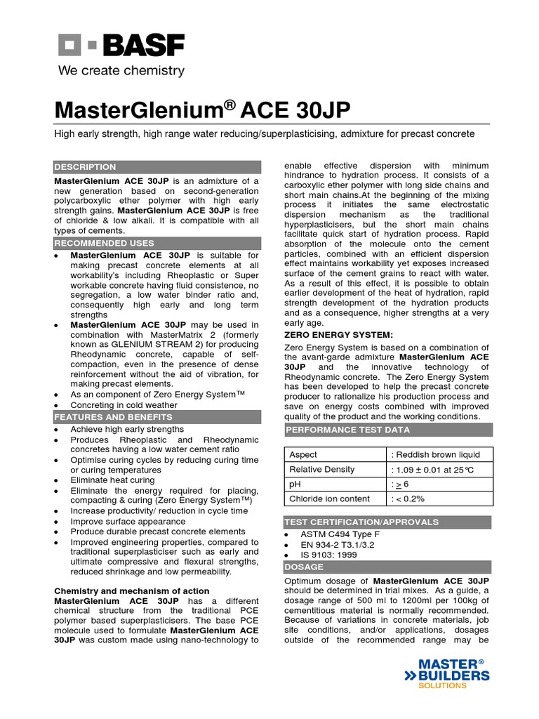12.11.2018 BASF MasterGlenium Ace 30JP v2 | PDF | Concrete | Cement