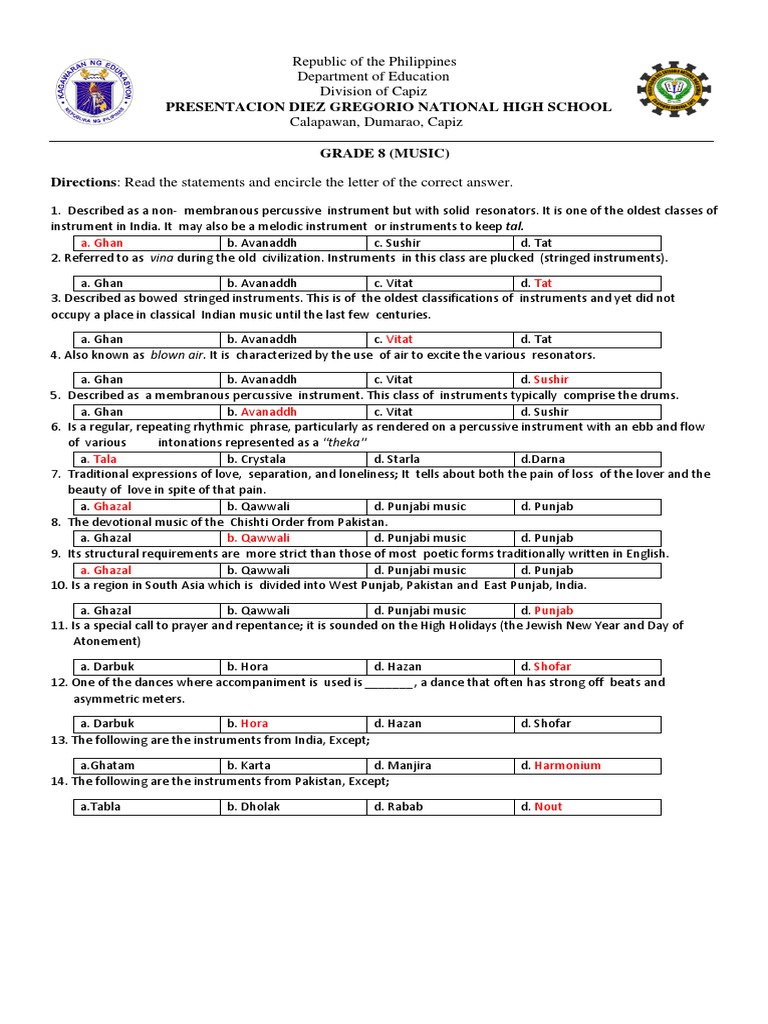 Grade 8 Answer Key (MUSIC) | PDF | Performing Arts | Sound