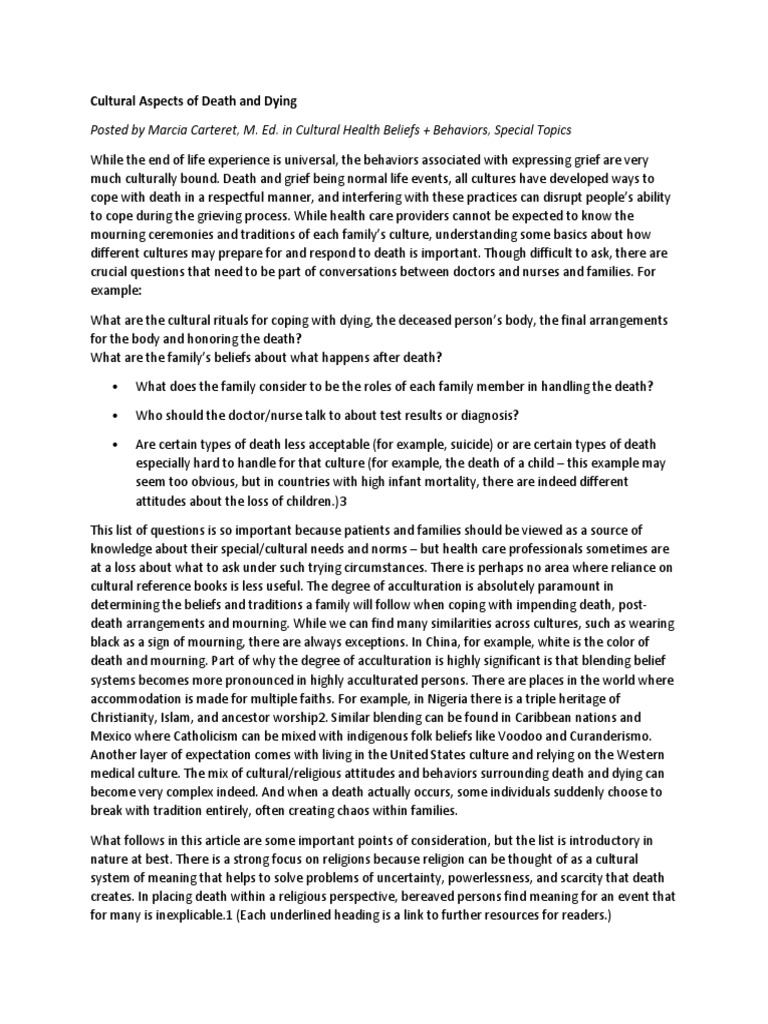 Cultural Aspects Of Death And Dying Pdf Grief Death