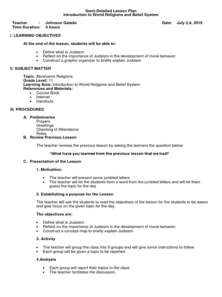 LP For Religion Judaism | PDF | Lesson Plan | Teachers