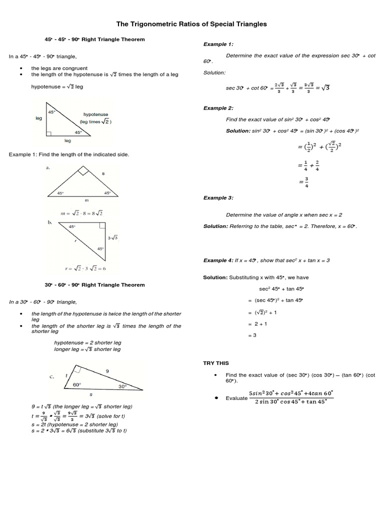 The Trigonometric Ratios of Special Triangles | PDF | Trigonometric ...