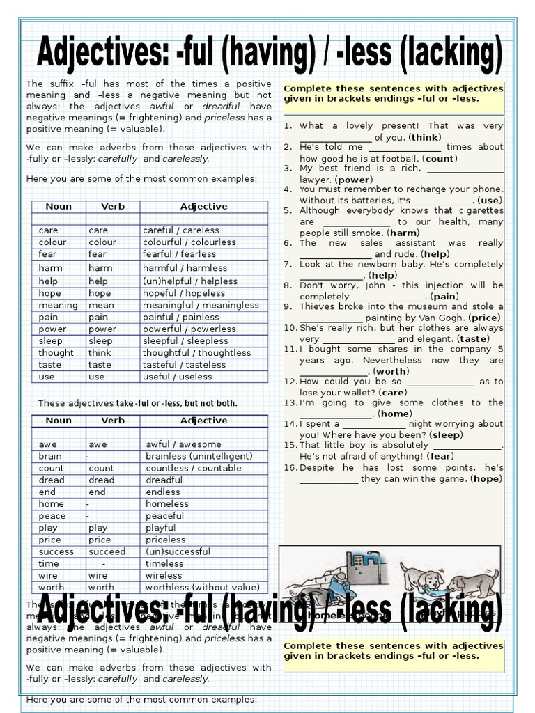 Adjectives Ending in Ful or Less Grammar Drills - 95312 | PDF ...