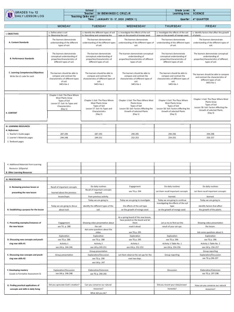 Science 4 - Q4 - W1 DLL | PDF | Soil | Learning
