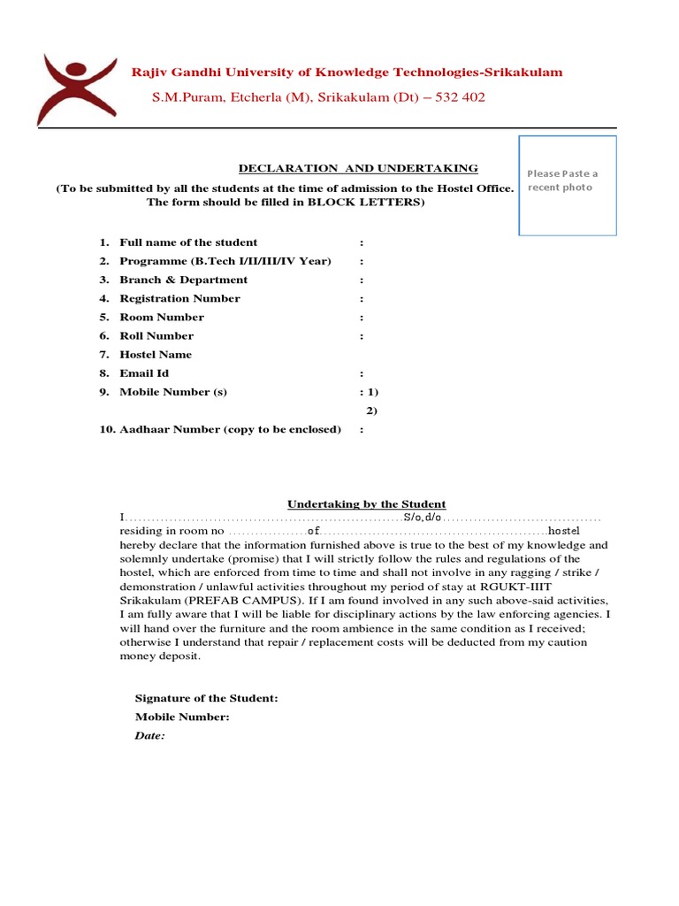 Hostel Undertaking Form | PDF | Government Information | Social ...