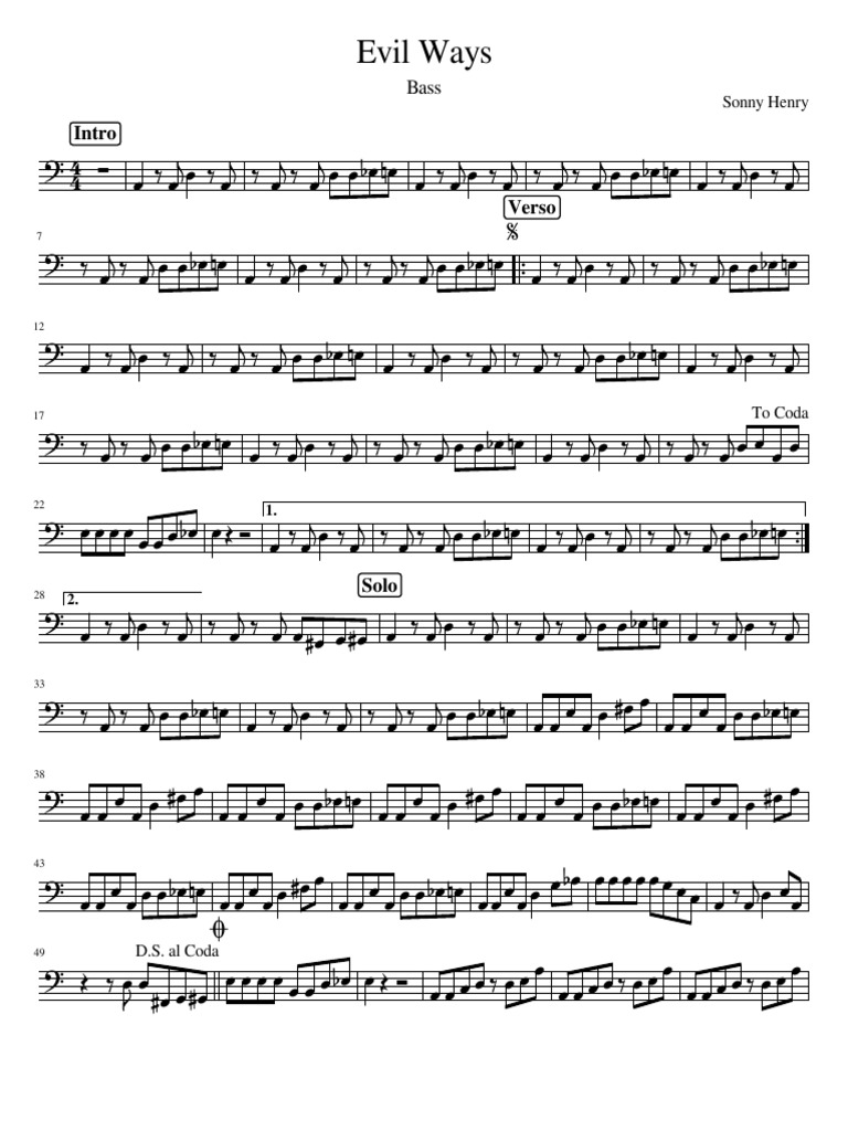 Evil Ways Bass Tab by Sonny Henry | PDF