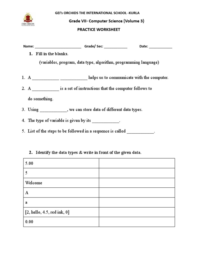 Grade 7 CS-V3 Worksheet | PDF