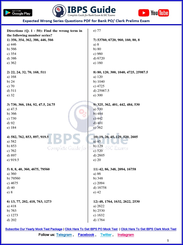 Expected Wrong Series Questions PDF For IBPS PO and Clerk Prelims 2019 ...