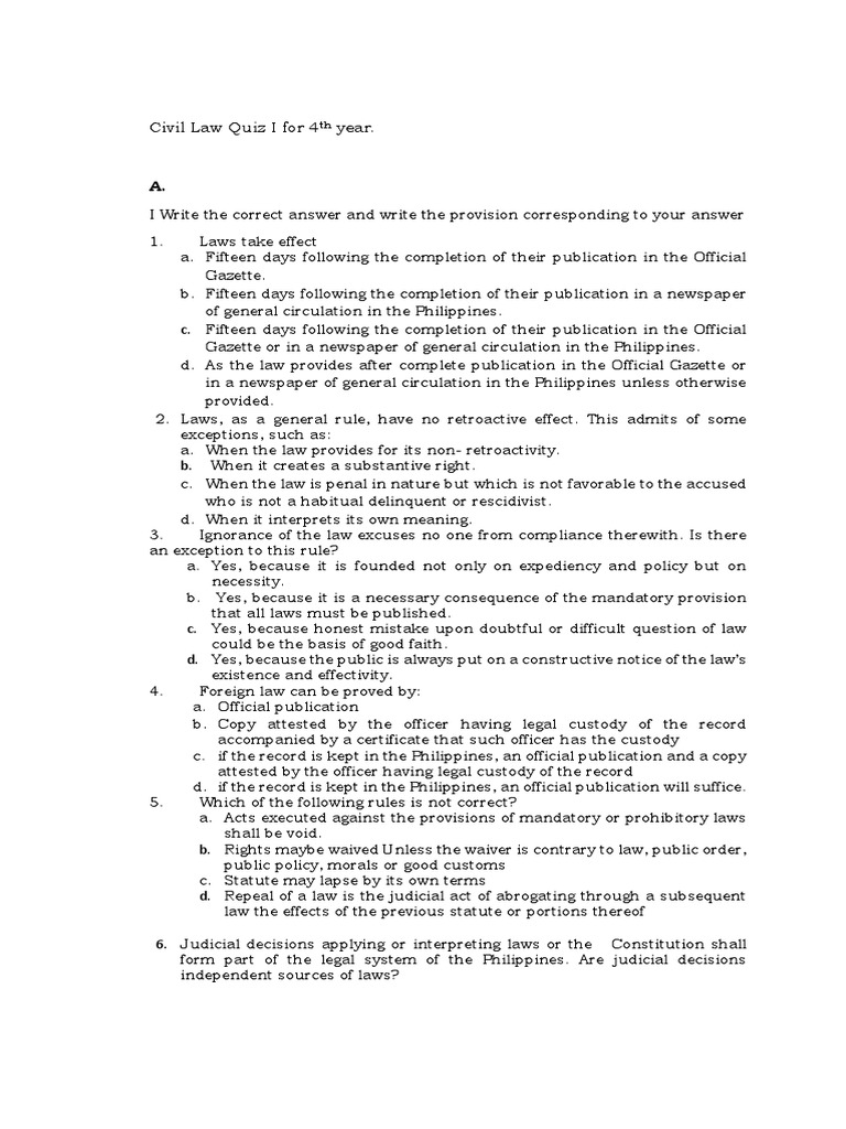 Civil Law Quiz I For 4th Year | PDF | Annulment | Marriage