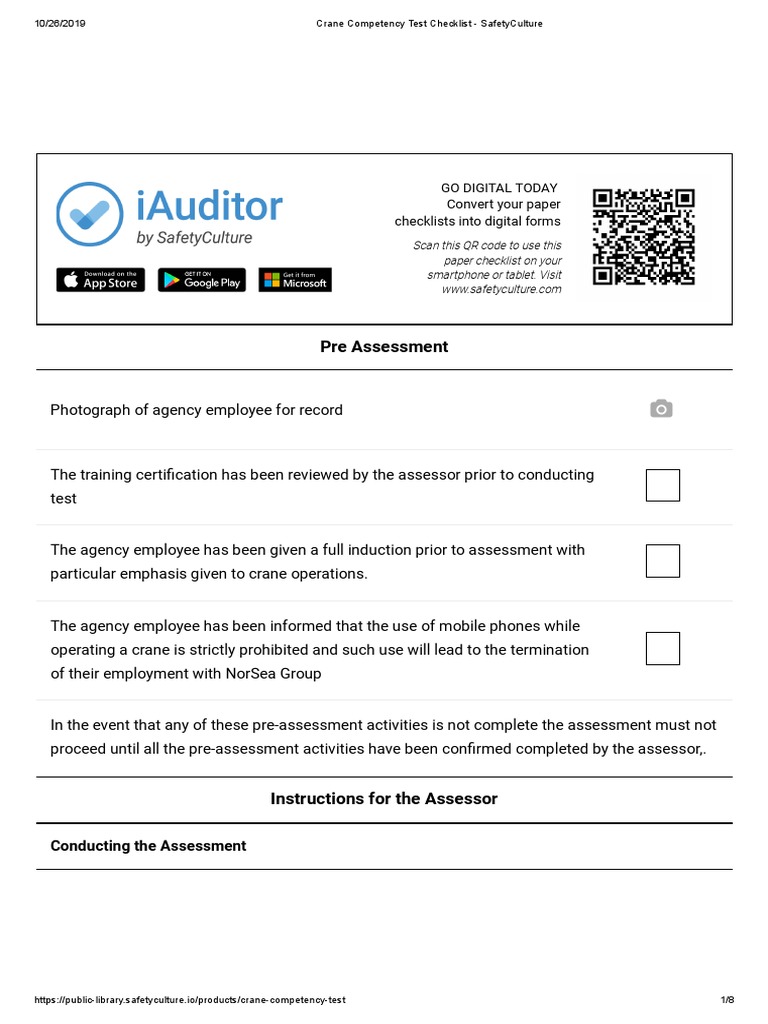 Crane Competency Test Checklist | PDF | Test (Assessment) | Crane (Machine)